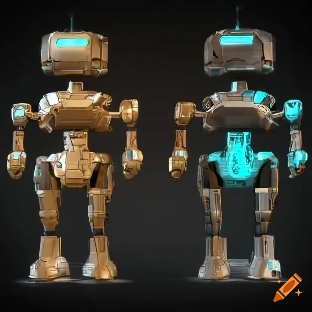 Robots in the style of the game paradroid, highly detailed, photorealistic promo render