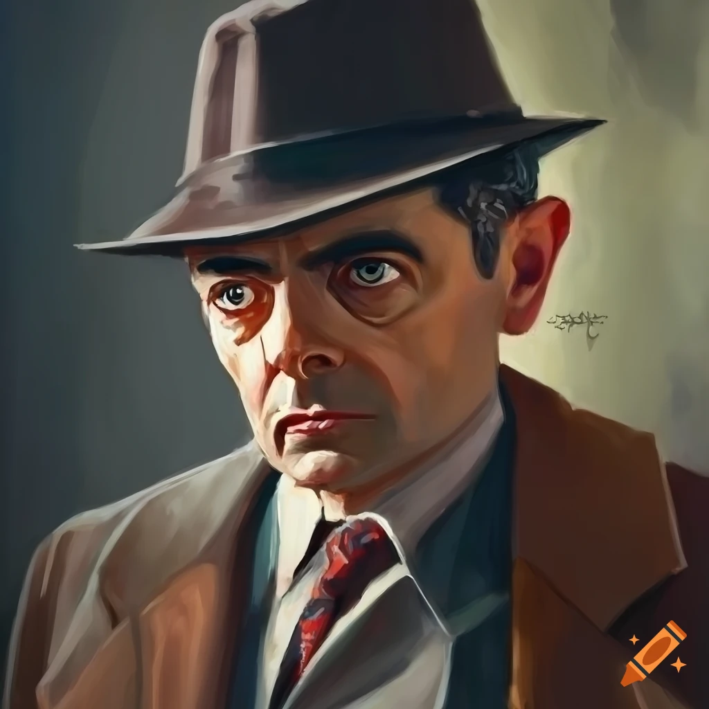Photorealistic artwork, rowan atkinson, as 1940's detective, searching ...