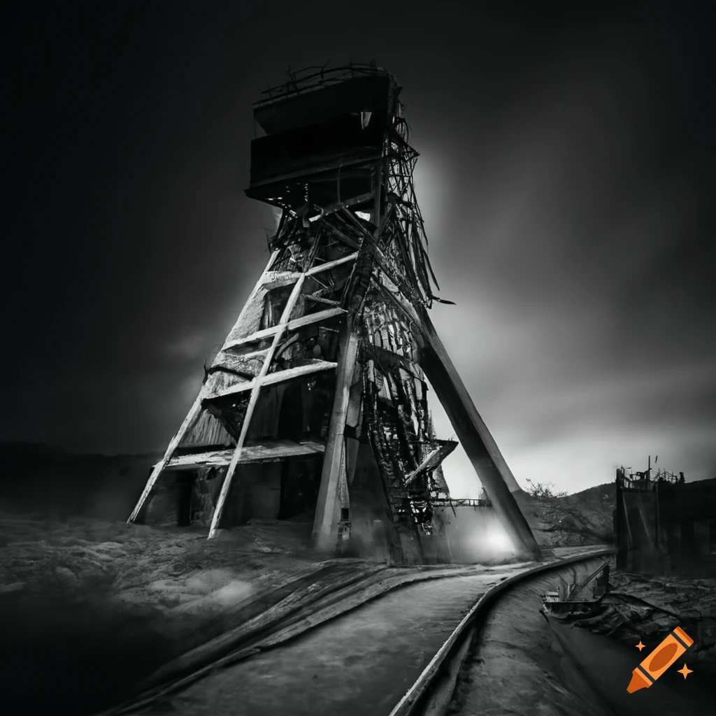 Striking monochromatic photograph of a coal mine in the night on Craiyon