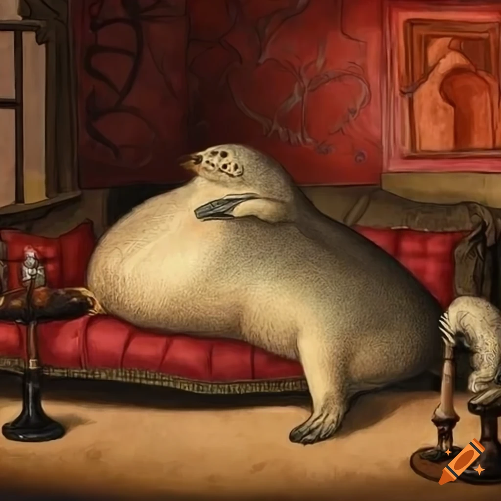 A fat gluttonous sluggish leopard seal lounging on a pile of pillows ...