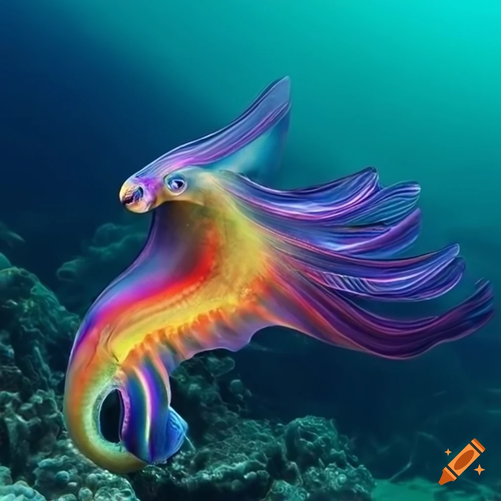 Create a photo of a beautiful elegant majestic rainbow colored sea ...