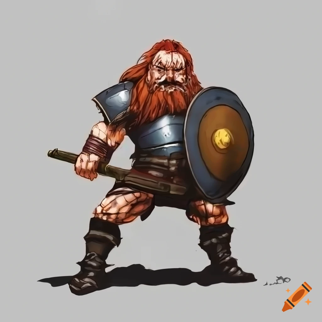 Dwarf champion with heavy armor and axe and shield, muscular, over flat ...