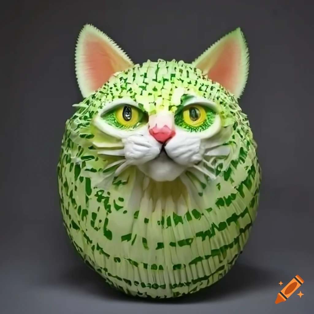 A creative sculpture of a cat made entirely out of melons on Craiyon