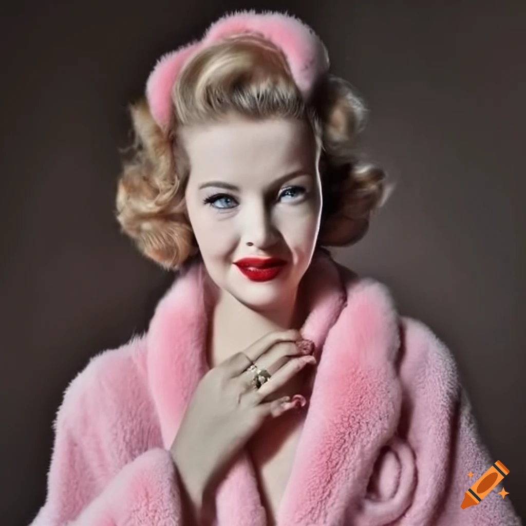 A glamorous 1950s woman in vintage pink fluffy bathrobe wearing a ...