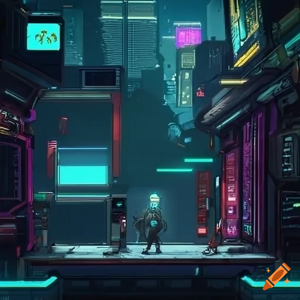 User interface for a futuristic cyberpunk-themed 2D platformer game on Craiyon