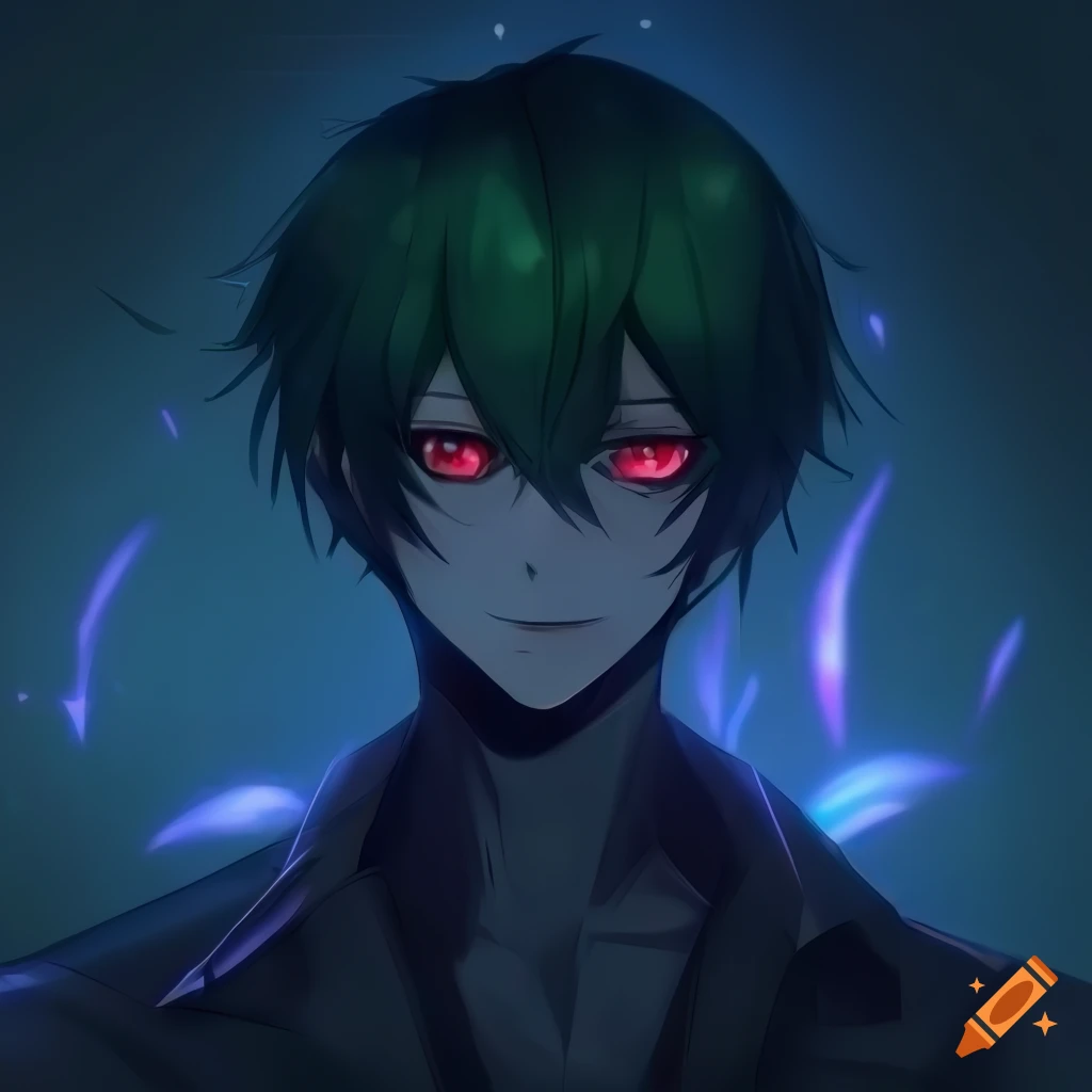 Anime, male, pale skin, stern, leather jacket, red eyes, dark green ...