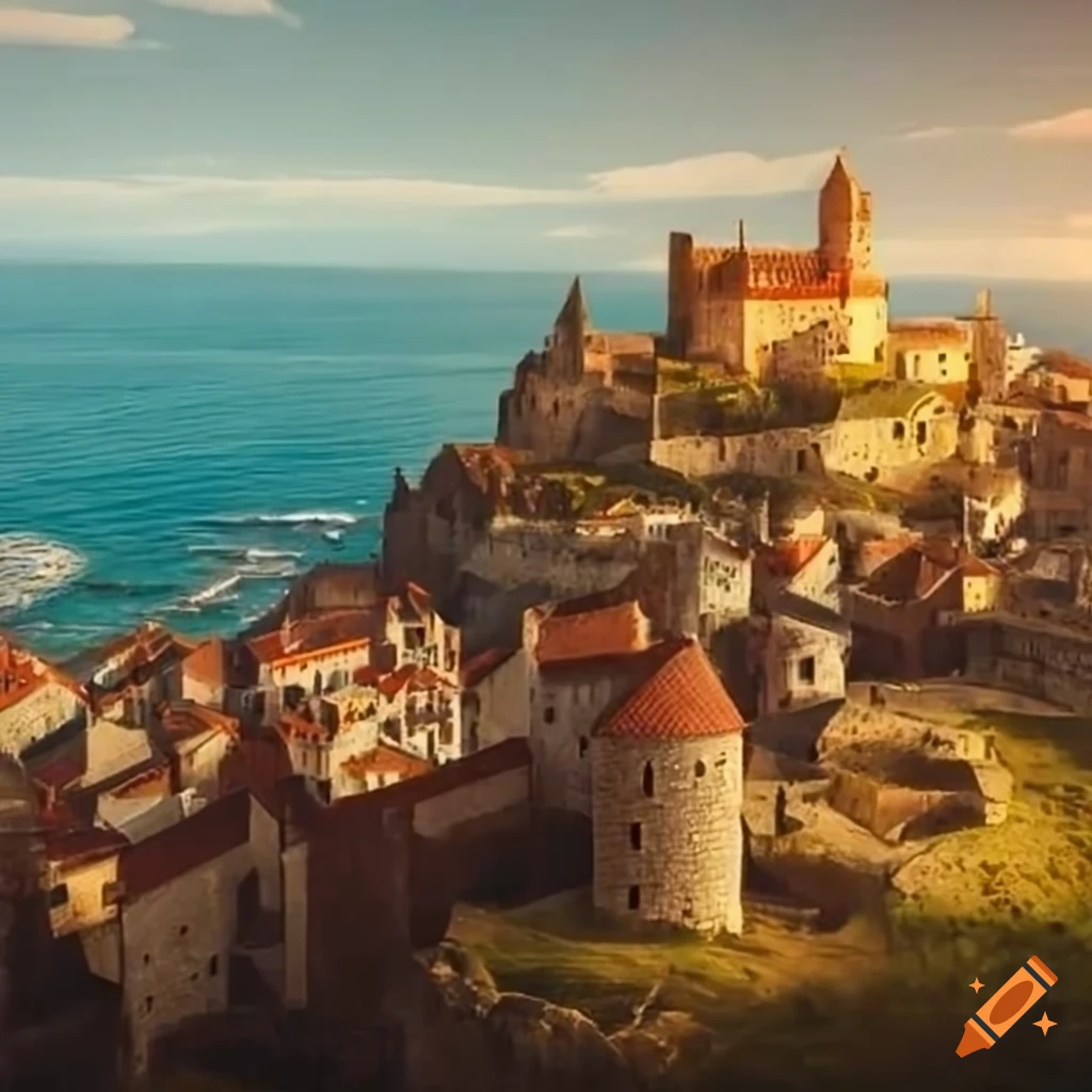 A medieval town on a cliff ocean in the background and a castle in the ...