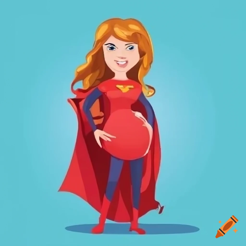 Pregnant woman with a superhero cape, cartoon style