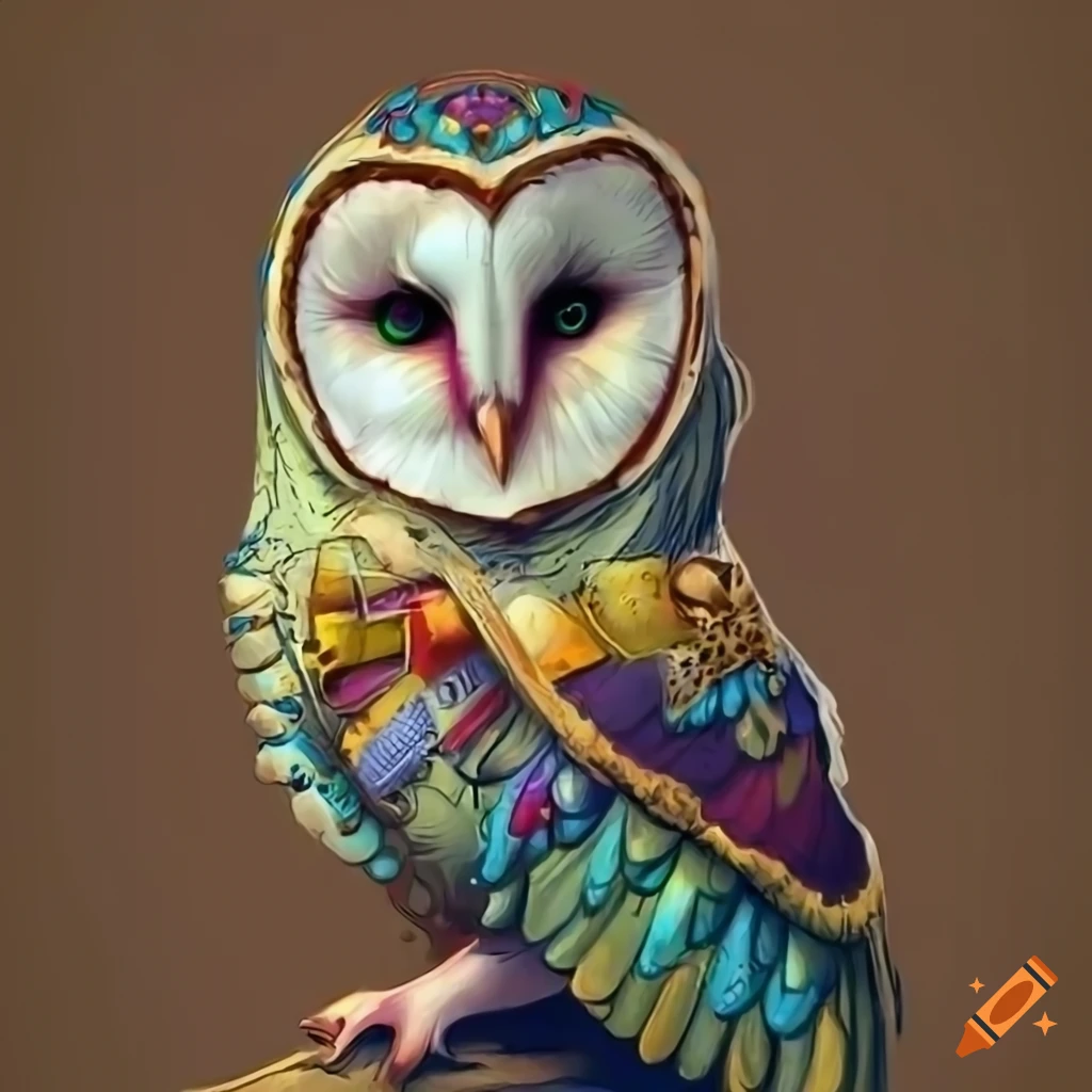 High definition, colorful barn owl, steampunk illustration on Craiyon