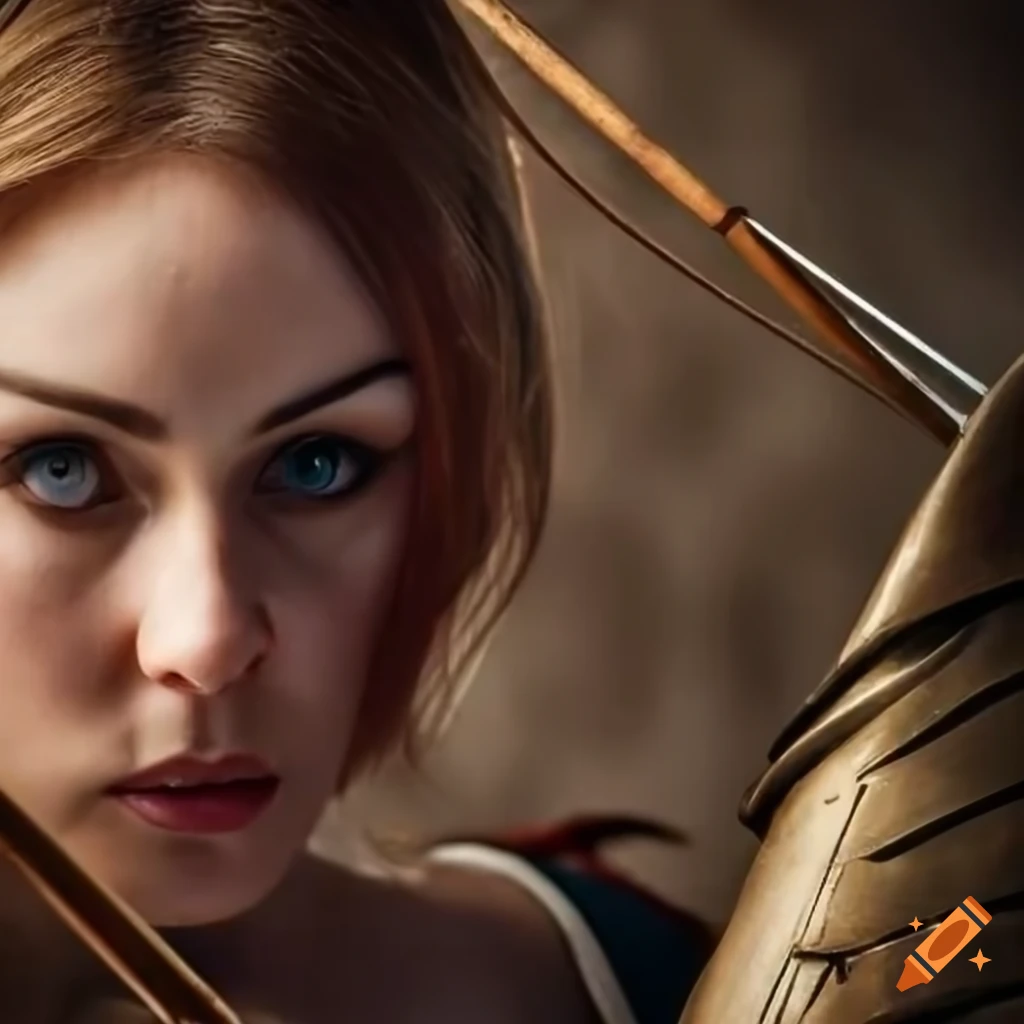 Beautiful female archer with bow and an arrow, with a bronze armor ...