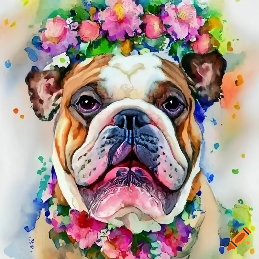 Cute adorable english bulldog in watercolours with a flower garland ...