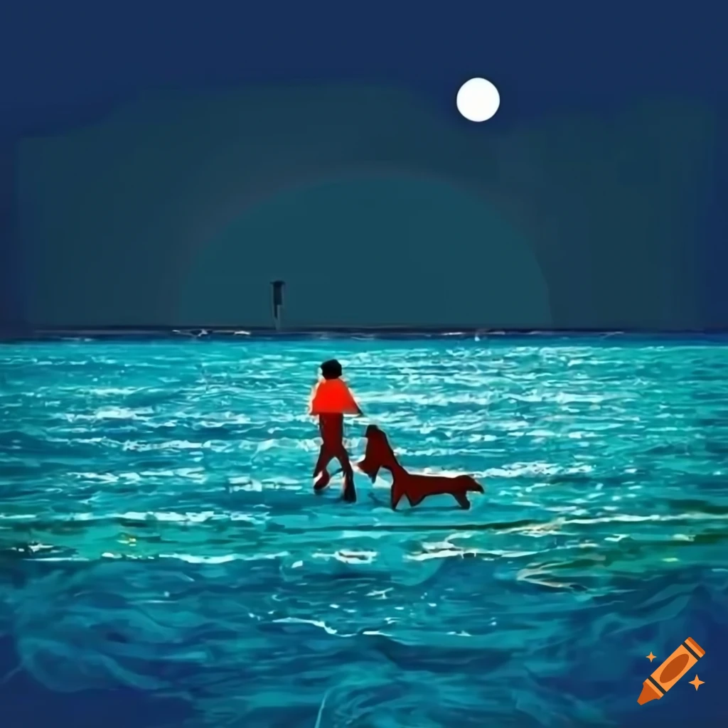 A design of a man and his dog in a futuristic setting onlooking the sea ...