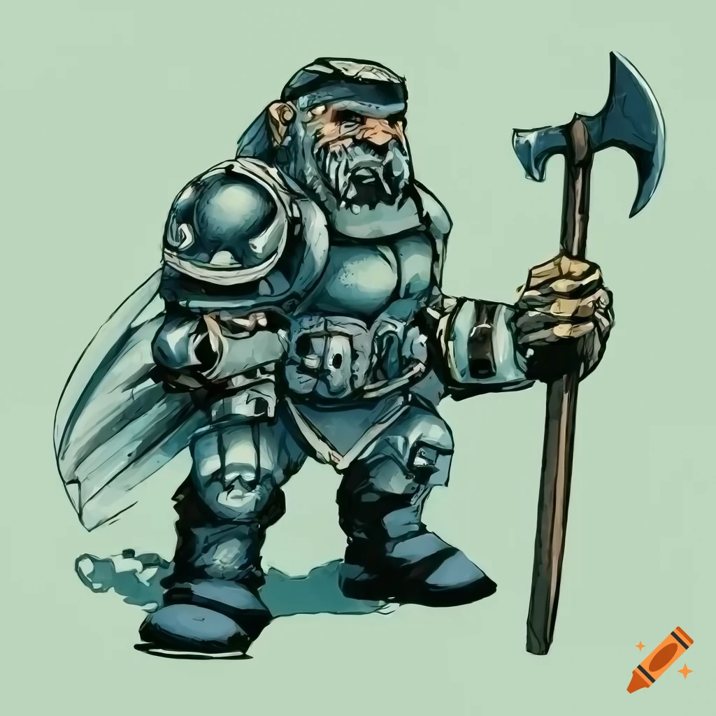 Dwarf champion with heavy armor and axe, over flat white background, 90s manga, 90's manga ...