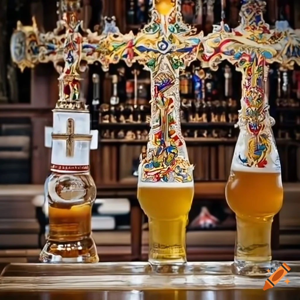 Beer flowing from a catholic cross decorated beer tap on Craiyon