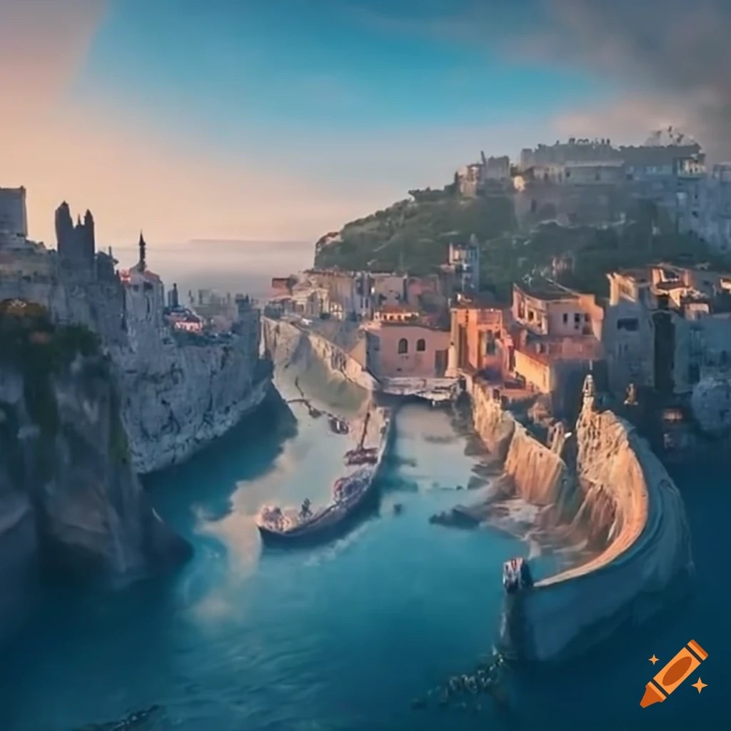 A mediterranean port town with a river flowing through, with a wizards tower in the middle of a ...