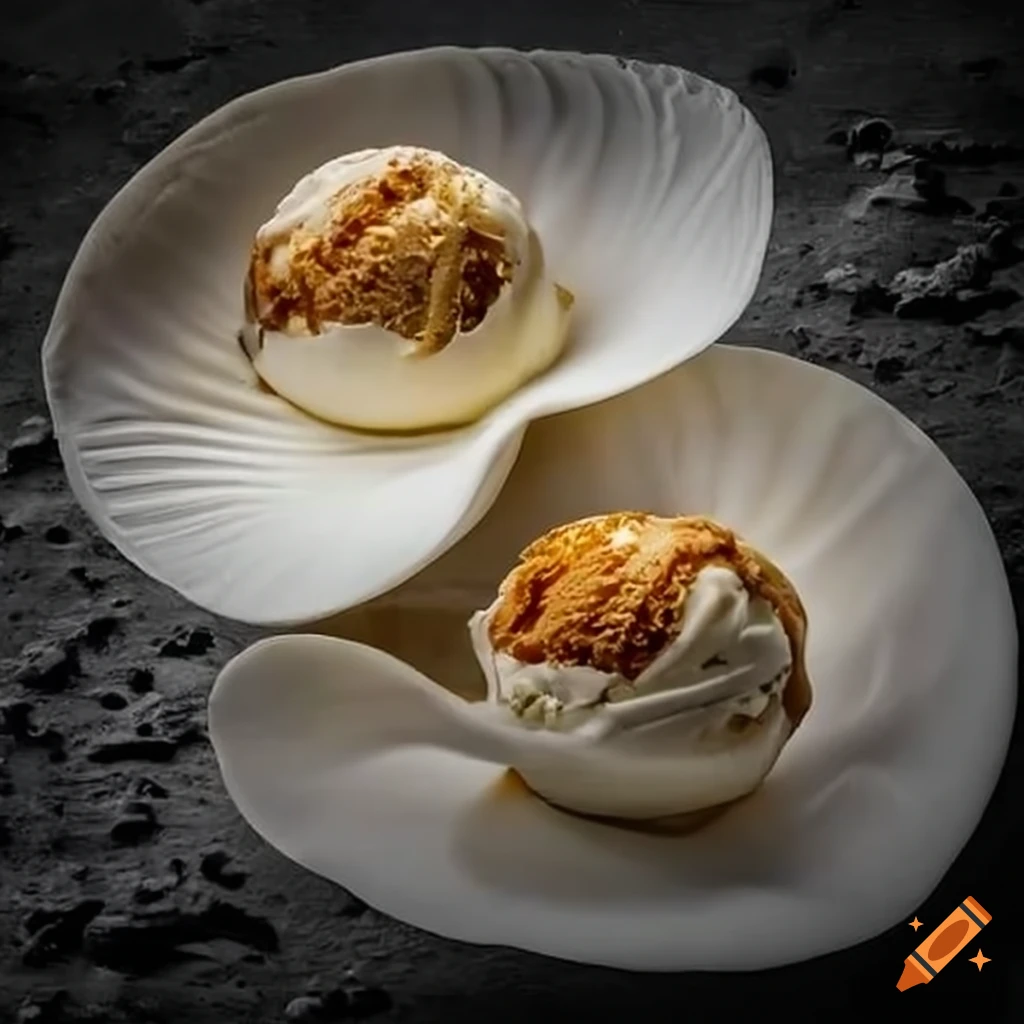 2 scoops of ice cream served in a real white clam shell