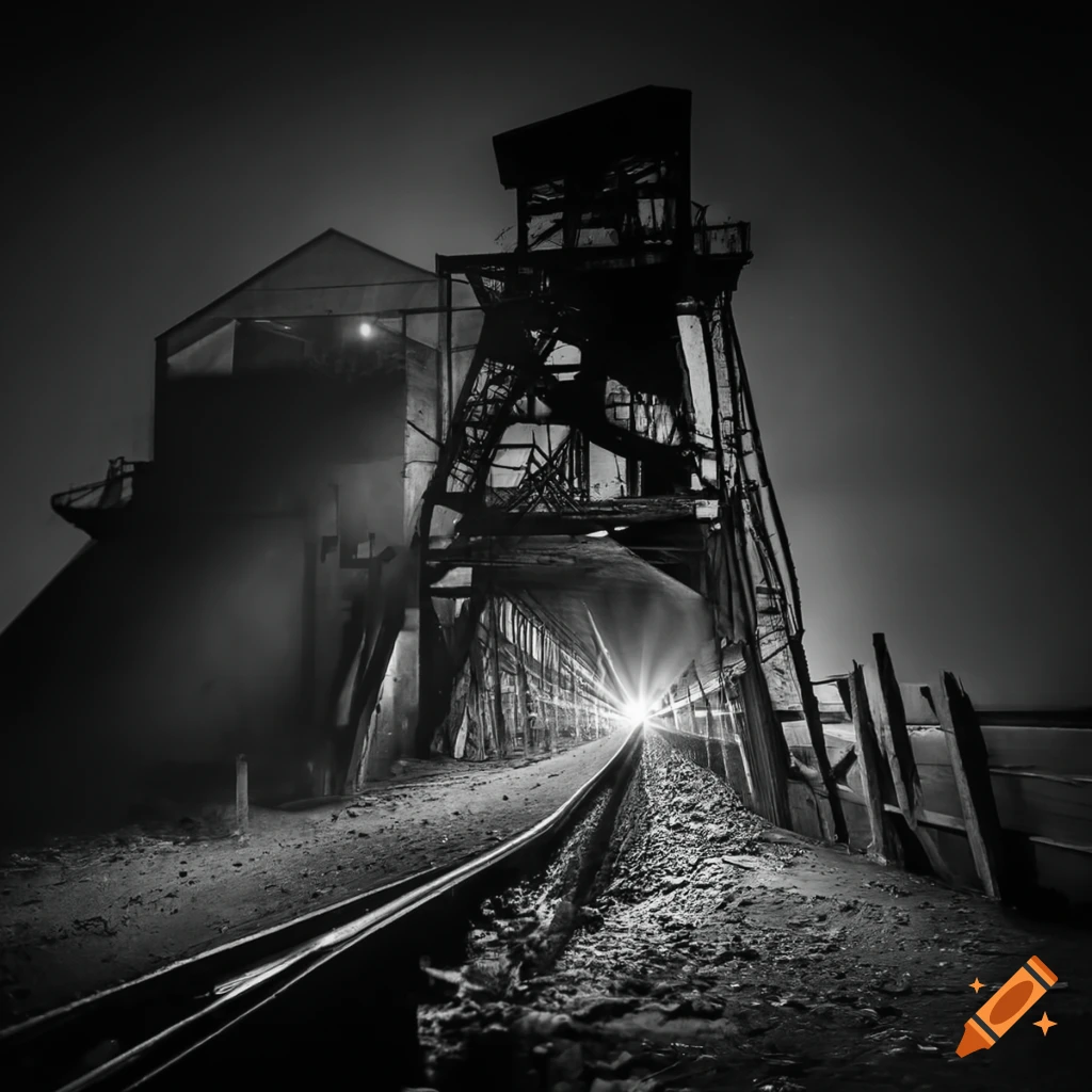 Striking monochromatic photograph of a coal mine in the night