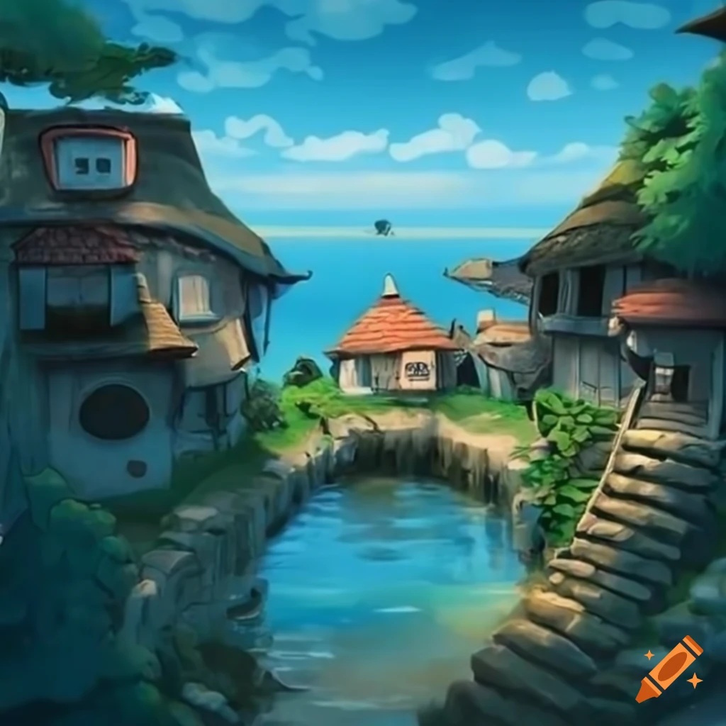 A charming coastal village inspired by ghibli anime films on Craiyon