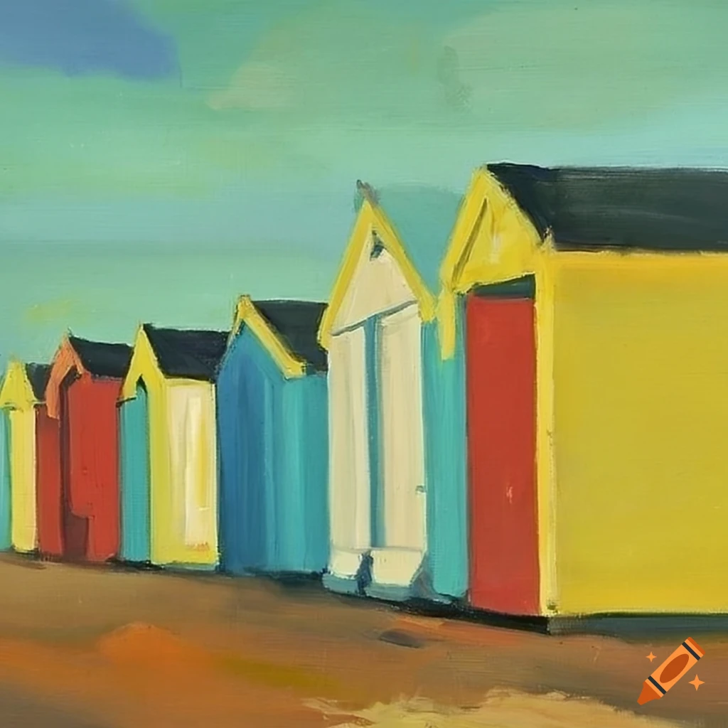 A long row of colourful beach huts, front view, abstract painting by ...