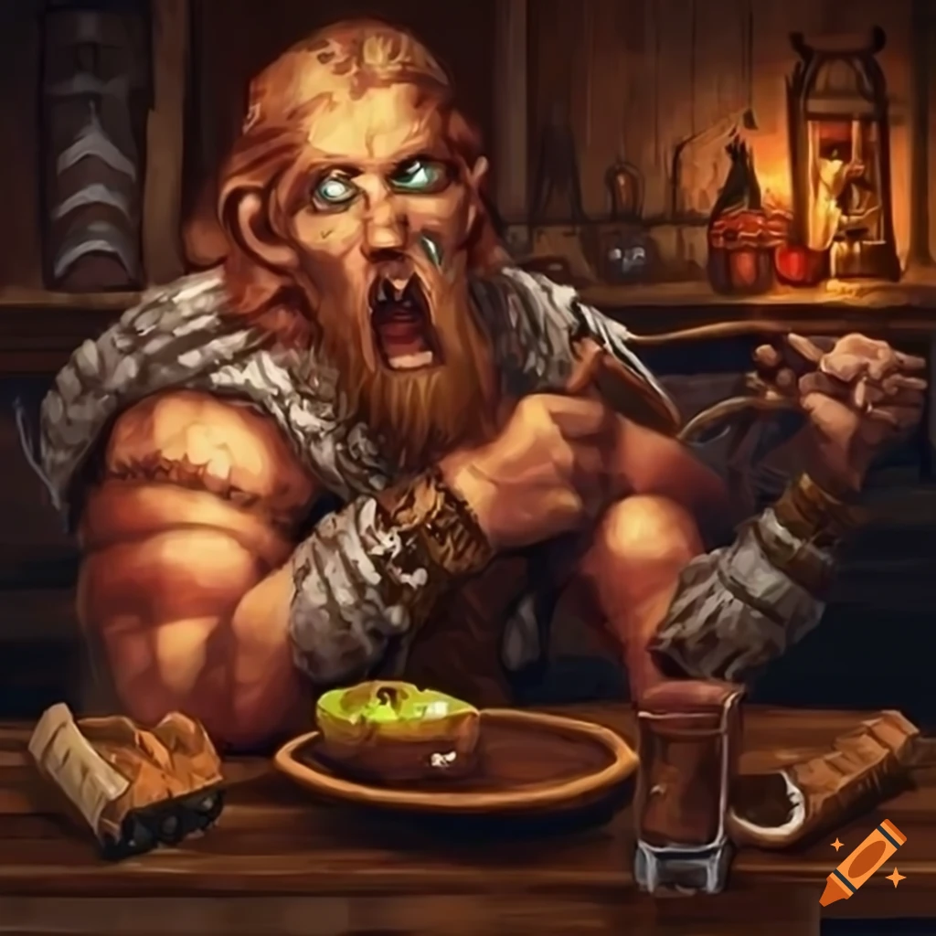 Fantasy inn interior bard fighter barbarian drinking on Craiyon