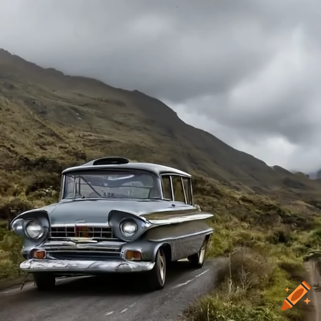 1961 chevrolet taxi, gray, riding across a road in the colombian paramo ...