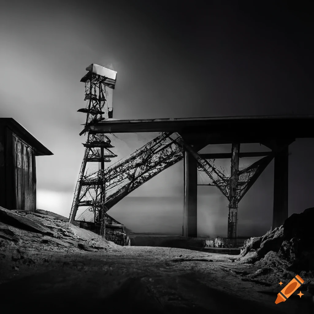 Striking monochromatic photograph of a coal mine In the night on Craiyon