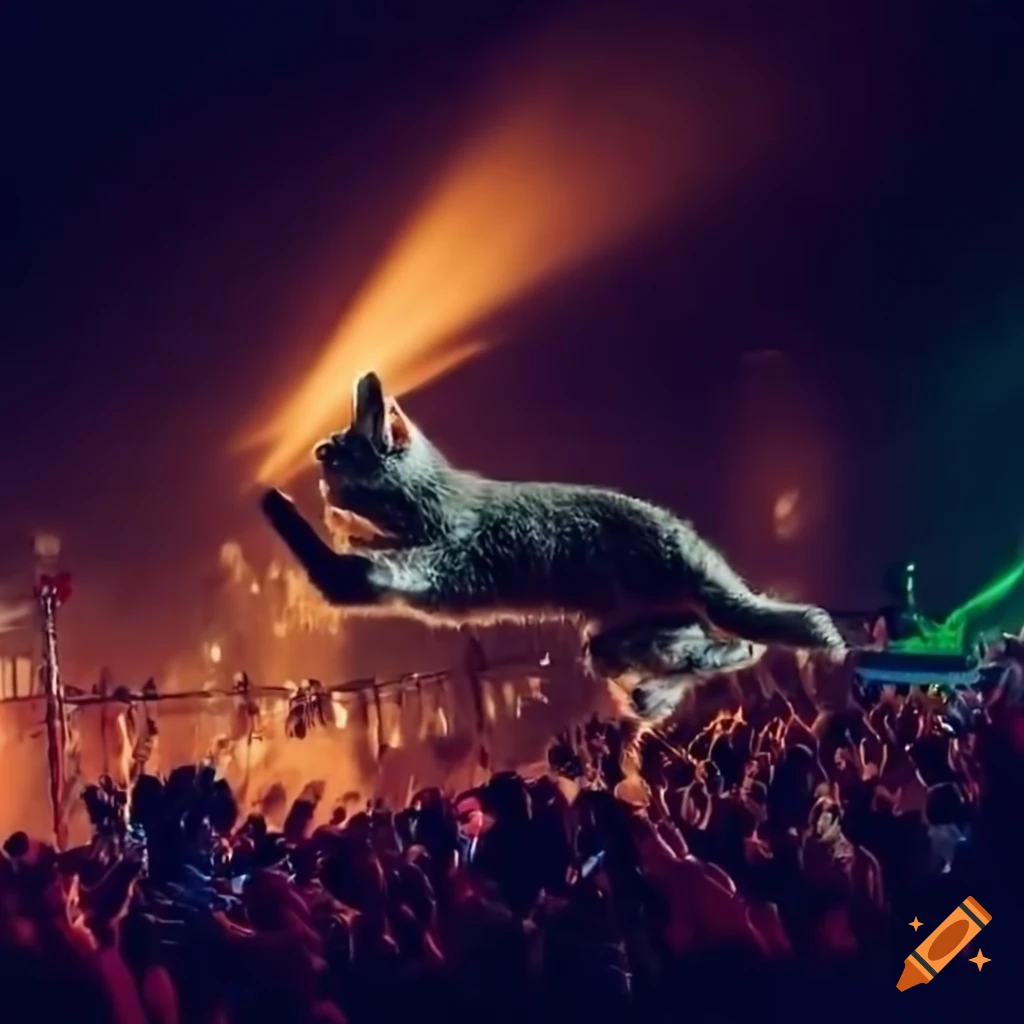 Cat jumping in the distance over festival crowd, vibrant