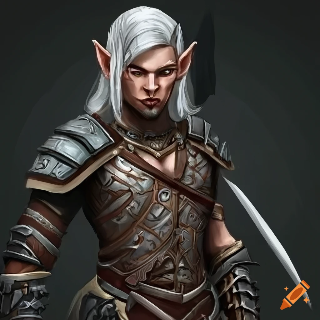 A male elf rogue-warrior with black mohawk hair and armor