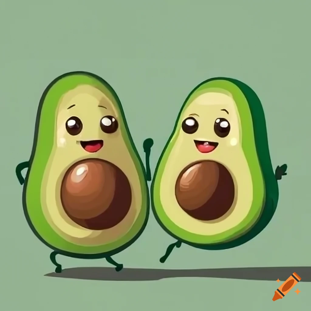 Two adorable cartoon avocados joyfully dancing together on Craiyon