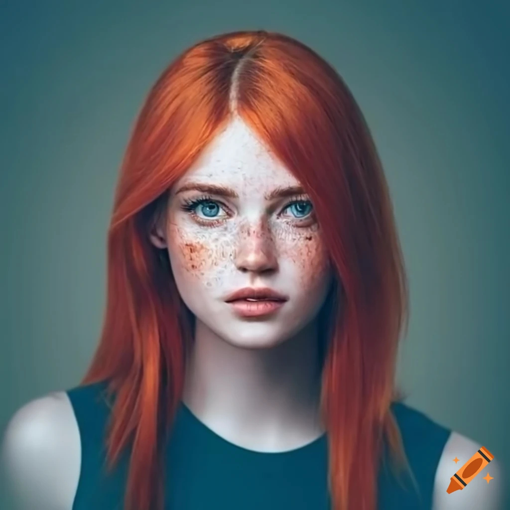 Beautiful Young Woman Shoulder Length Red Hair Very Light Freckles