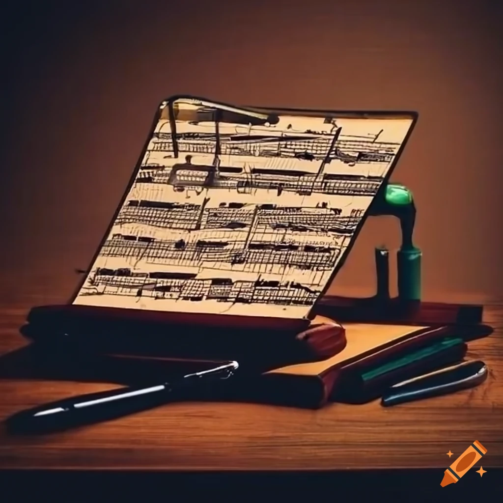 Sheet music on a wooden desk ; ink :; pen
