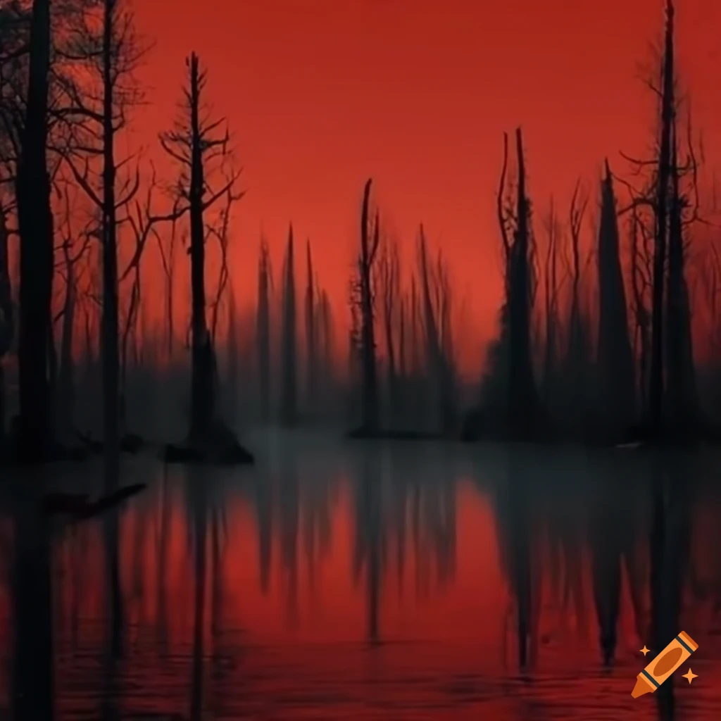 Red blood lake, black eerie trees, less saturated blue sky, horror ...