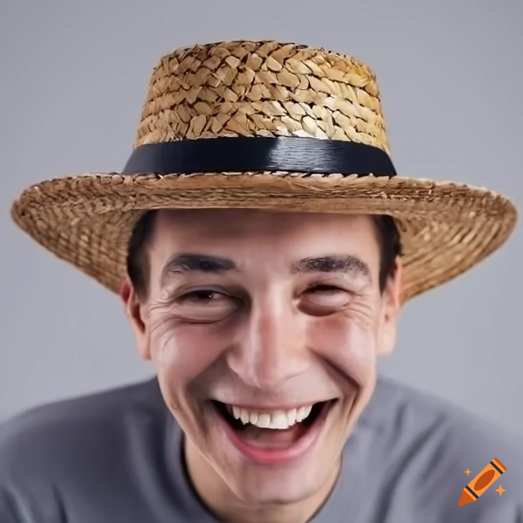 Man without teeth; wearing straw hat; smiling; isolated on light gray