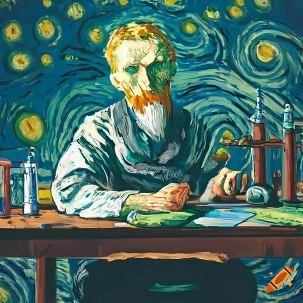 Picture of a scientist working in the laboratory style of van gogh