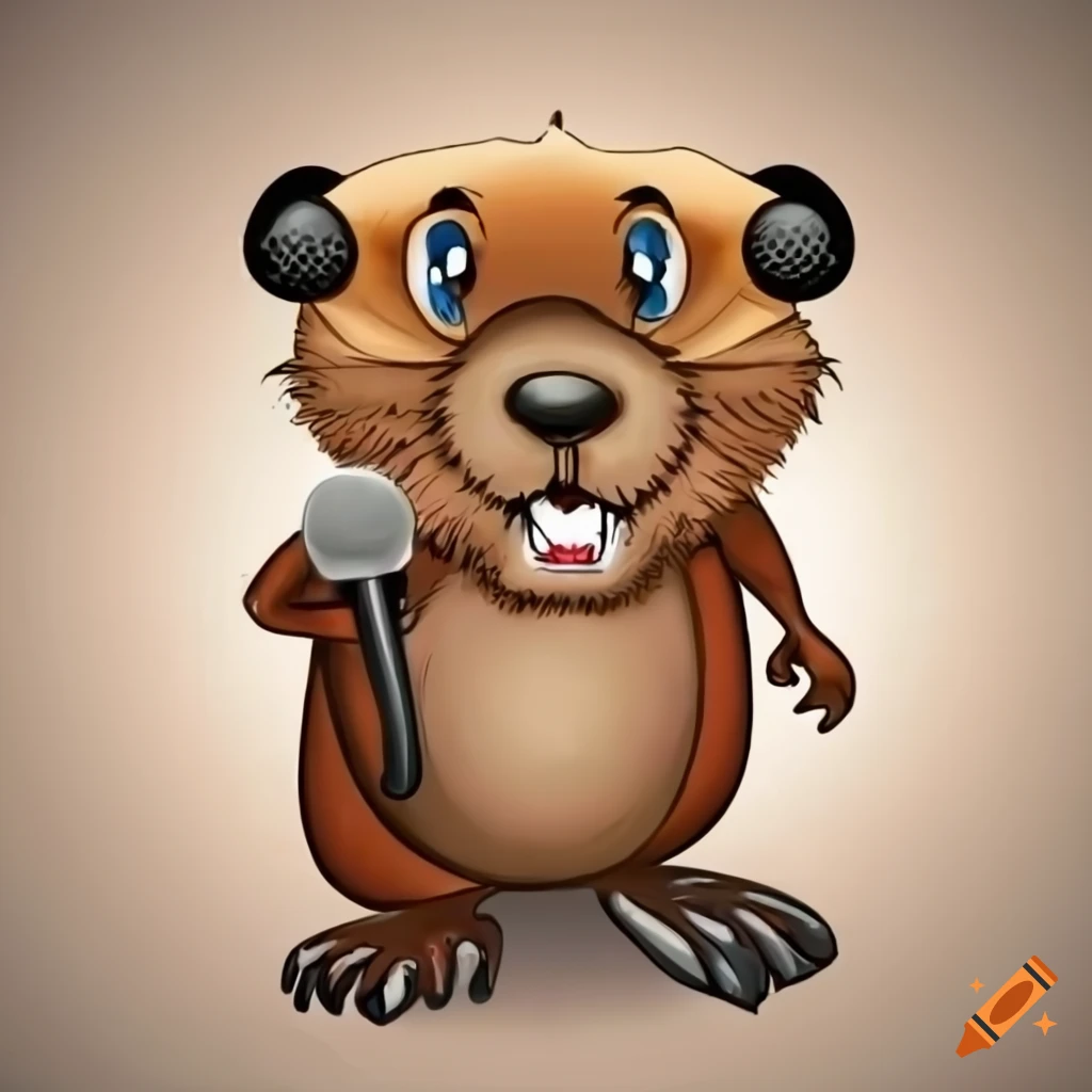 A caricature of a beaver in front of a microphone