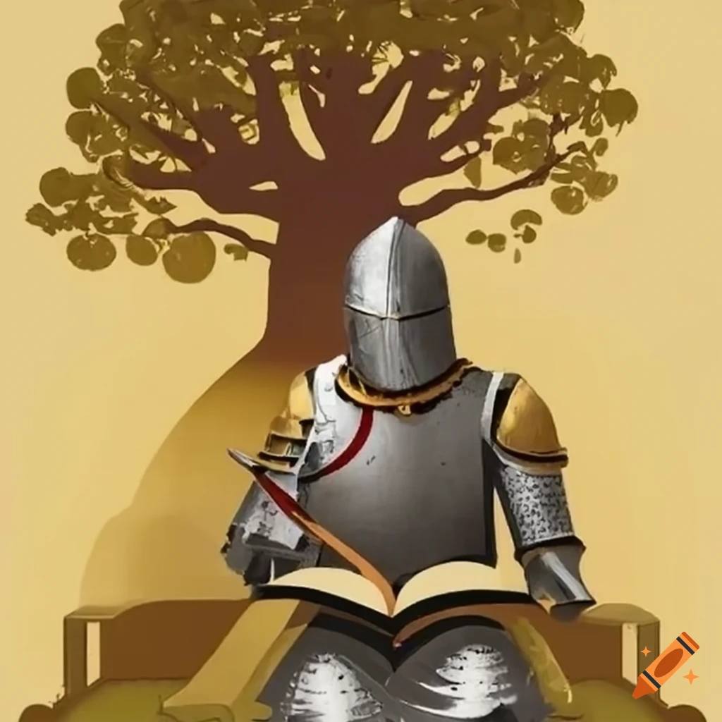 Medieval knight engrossed in writing beneath a grand tree on Craiyon