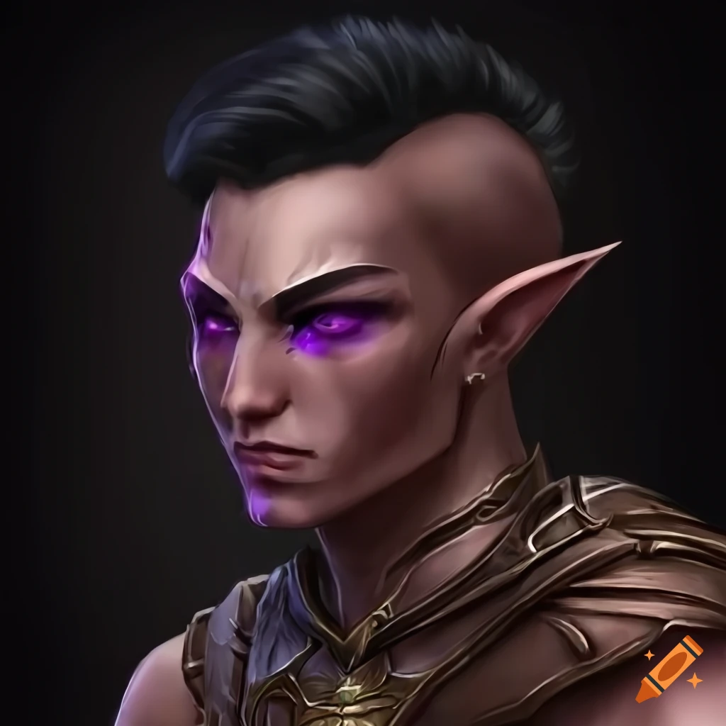 Fantasy male elf with purple eyes and short mohawk styled black hair ...