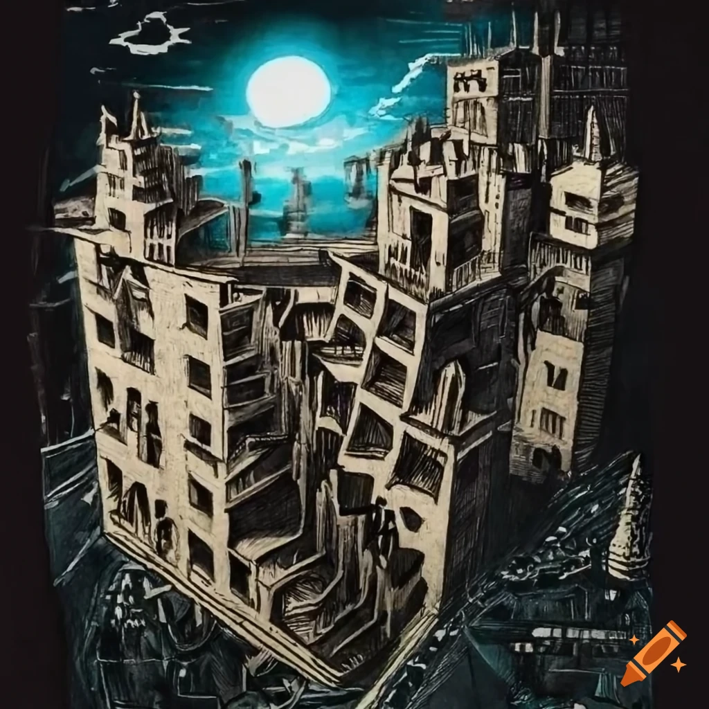 Mc escher style drawing version of relativity but in a big city