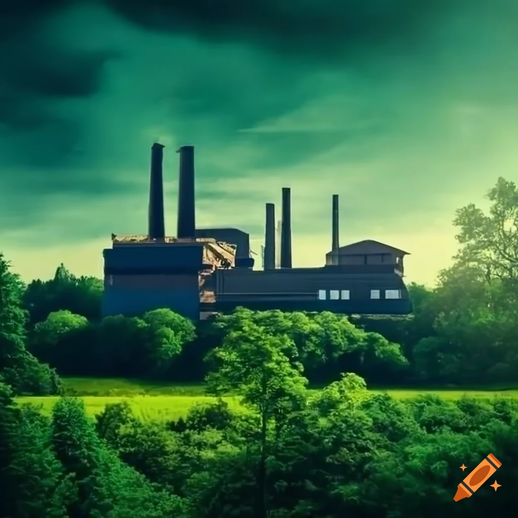 Industrial factory surrounded by lush green trees on Craiyon