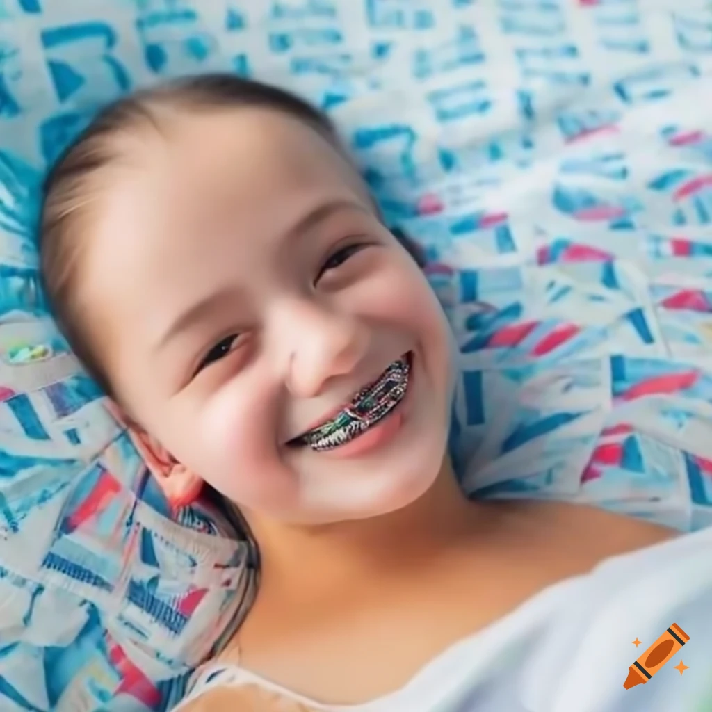 Happy girl with braces smiling brightly on her bed on Craiyon