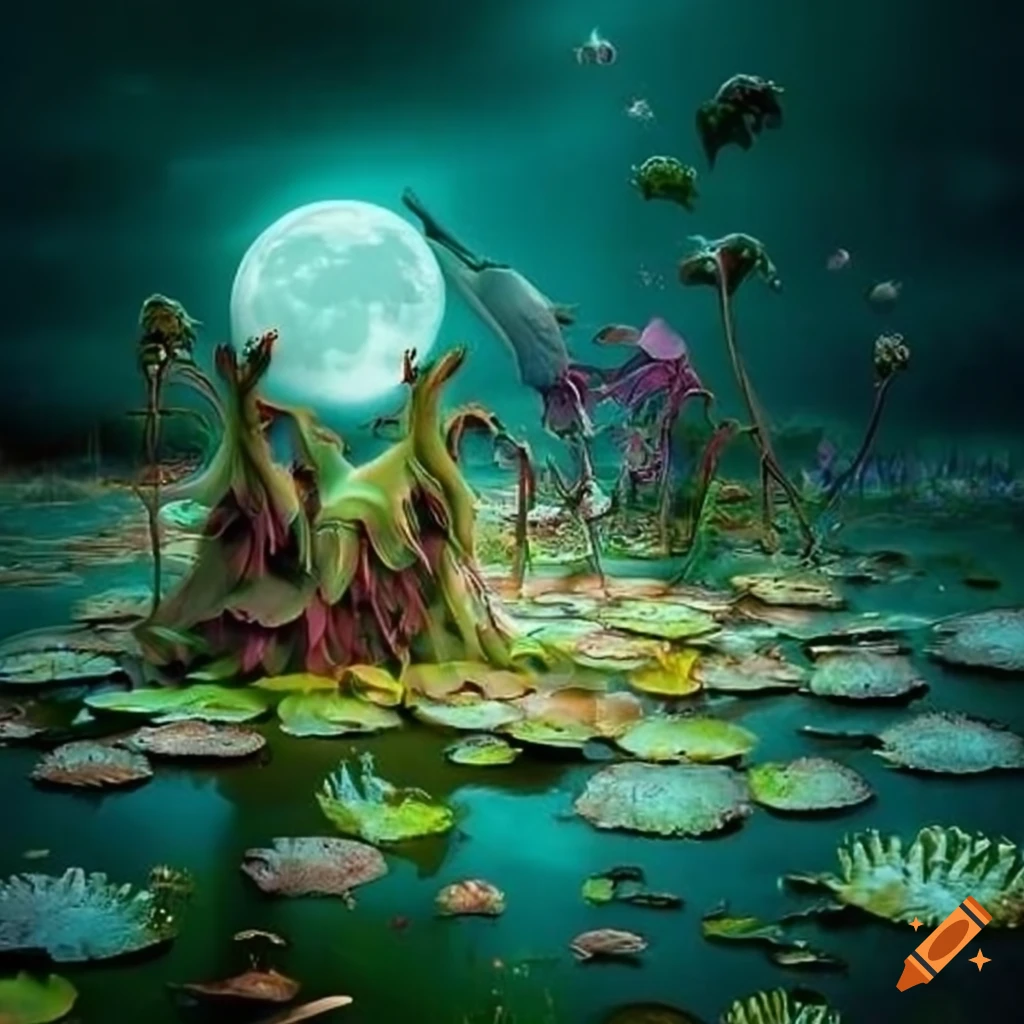 Marais lune brume castel surréaliste nénufars exotic and surreal floral ...