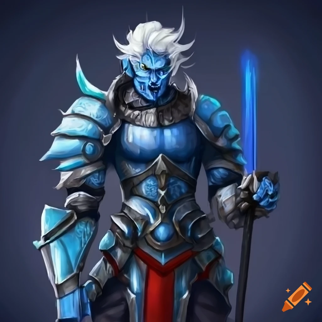 Blue oni with white hair in paladin armor on Craiyon