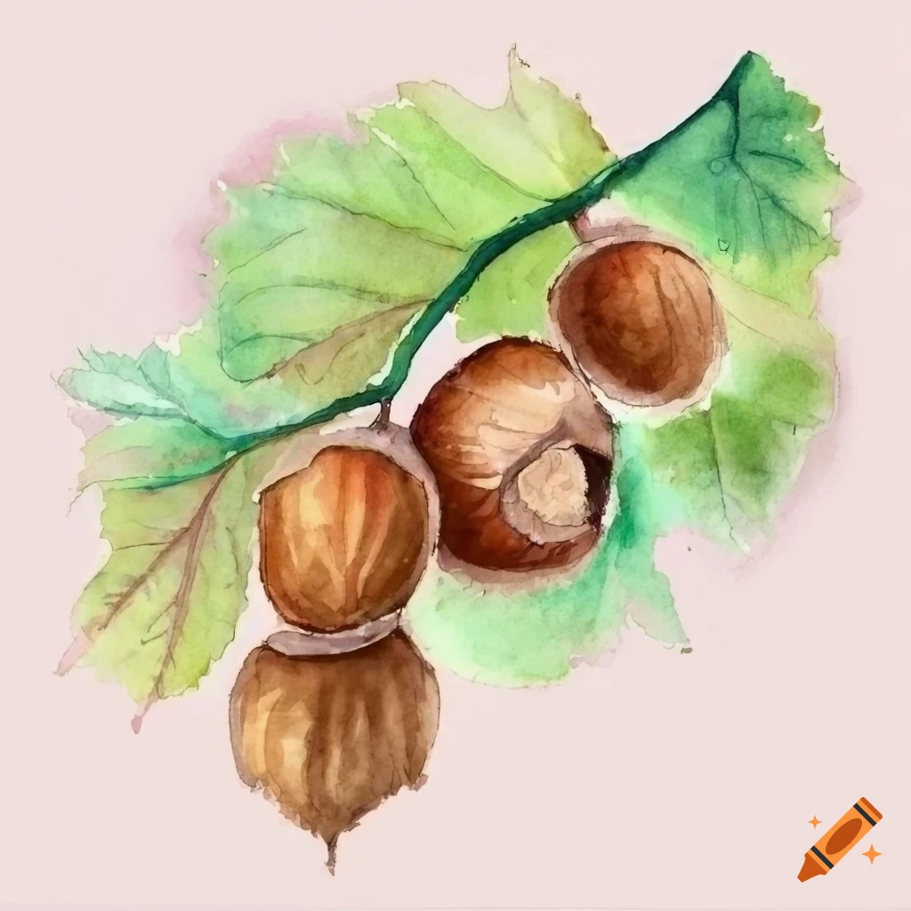 Illustration, pastel watercolor on white background, hazel branch with ...