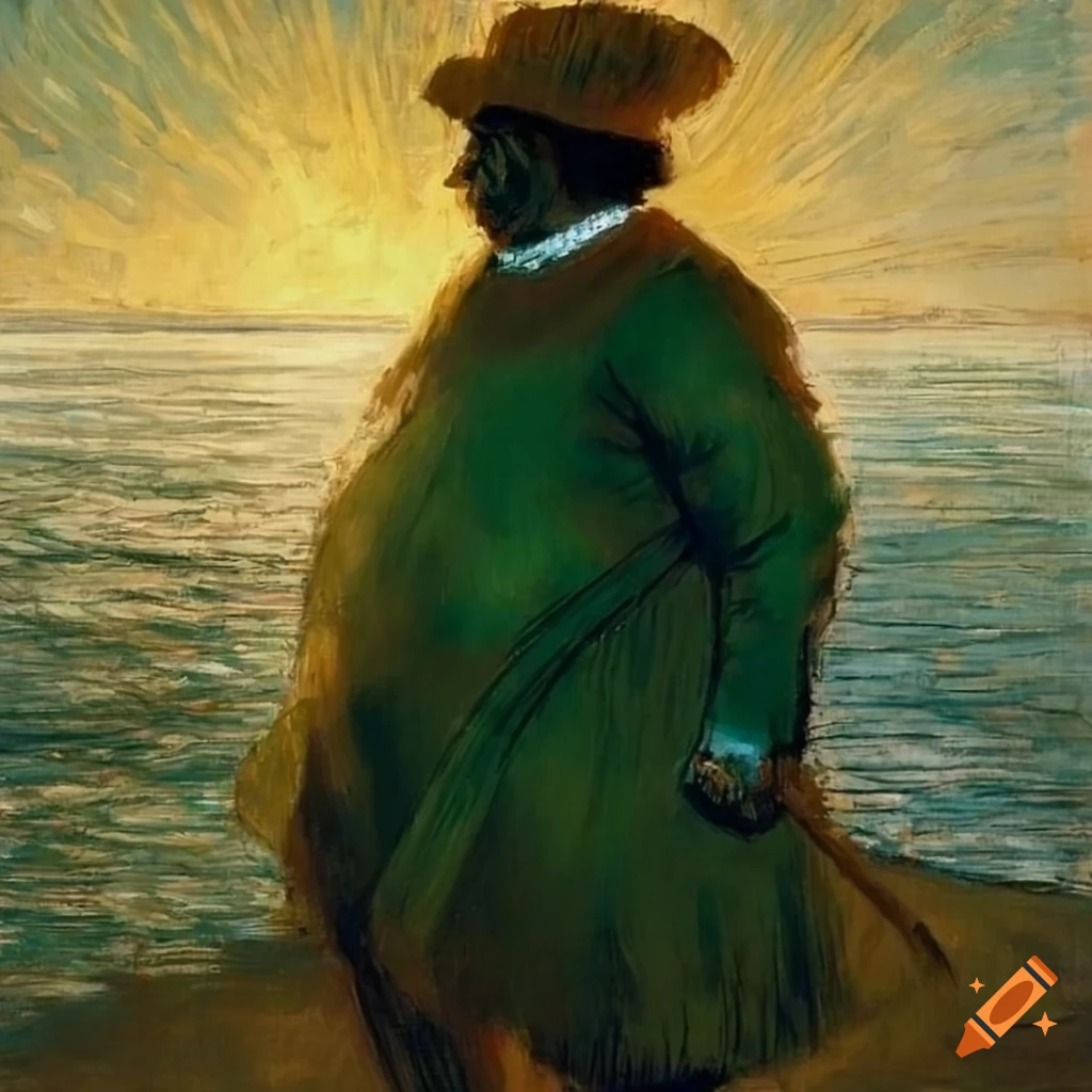 Fat man in golden green suit, runner on sea sunbeams backlight gustave ...