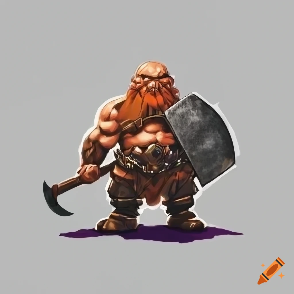 Dwarf champion with heavy armor and axe and shield, muscular, over flat ...