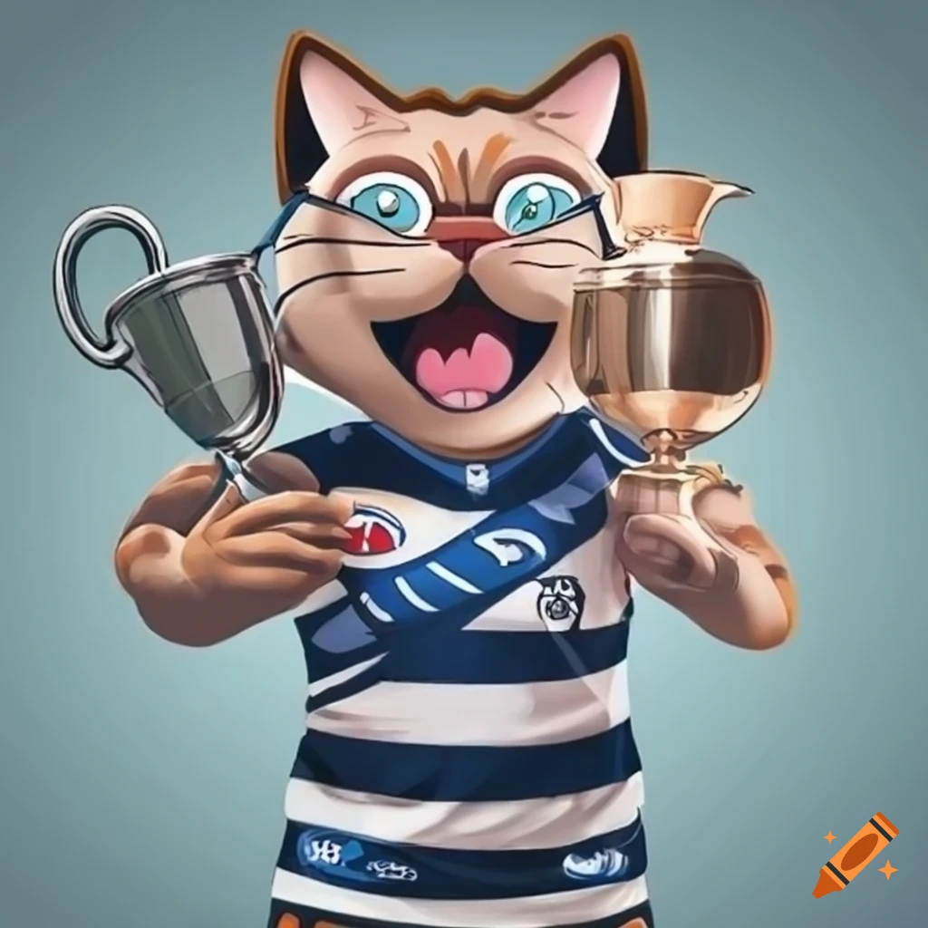A basic cartoon cat with geelong afl colours holding a football and ...