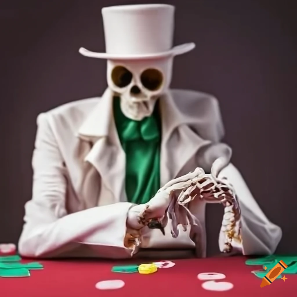 Skeleton in white coat wearing top hat playing poker