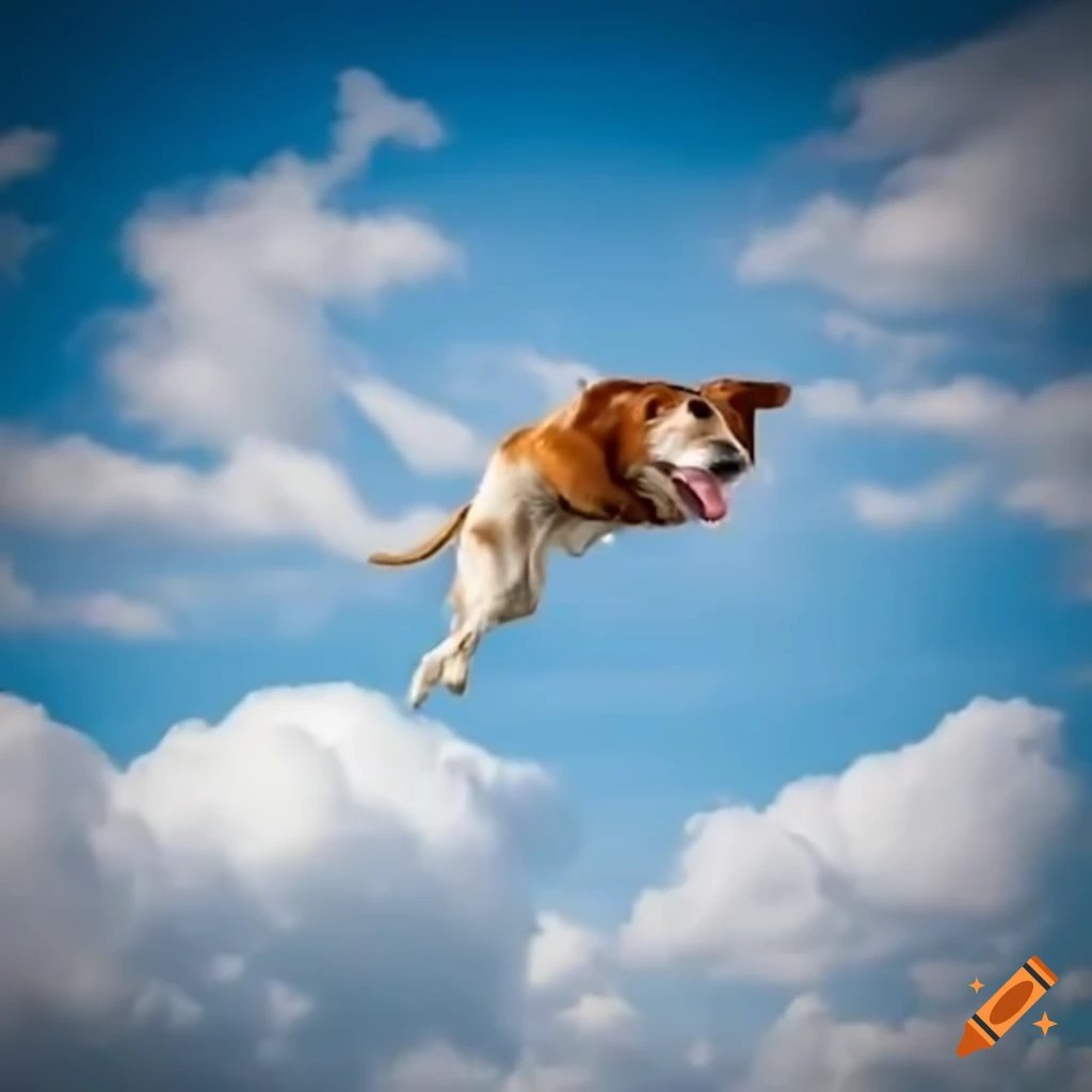 Krypto the superdog flying through the sky of clouds on Craiyon