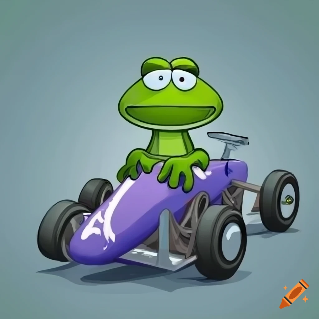 A cartoon bullfrog driving a race car with grit and determination on ...