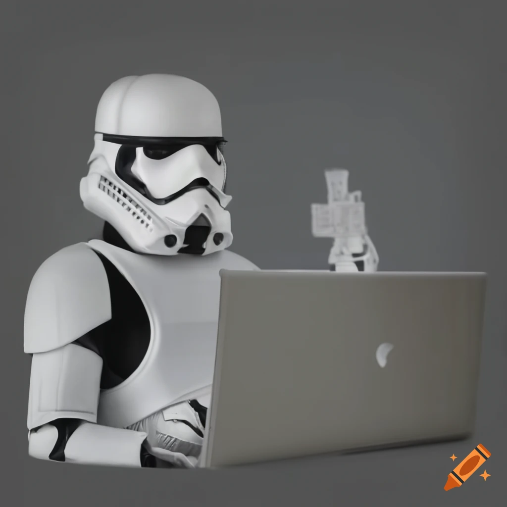 A stormtrooper using a computer